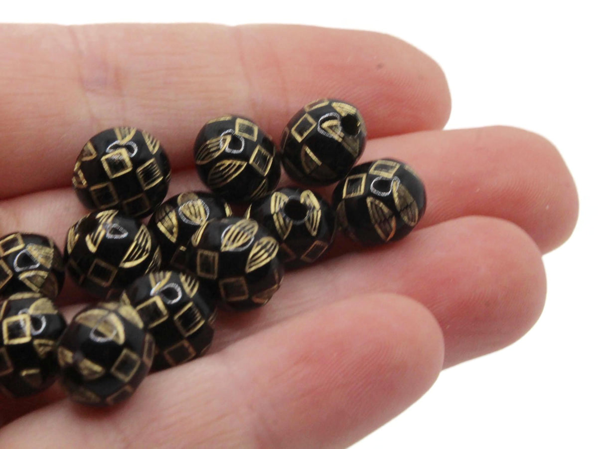 30 10mm Black Puffed Coin Plastic Beads with Gold Checkerboard Pattern ...